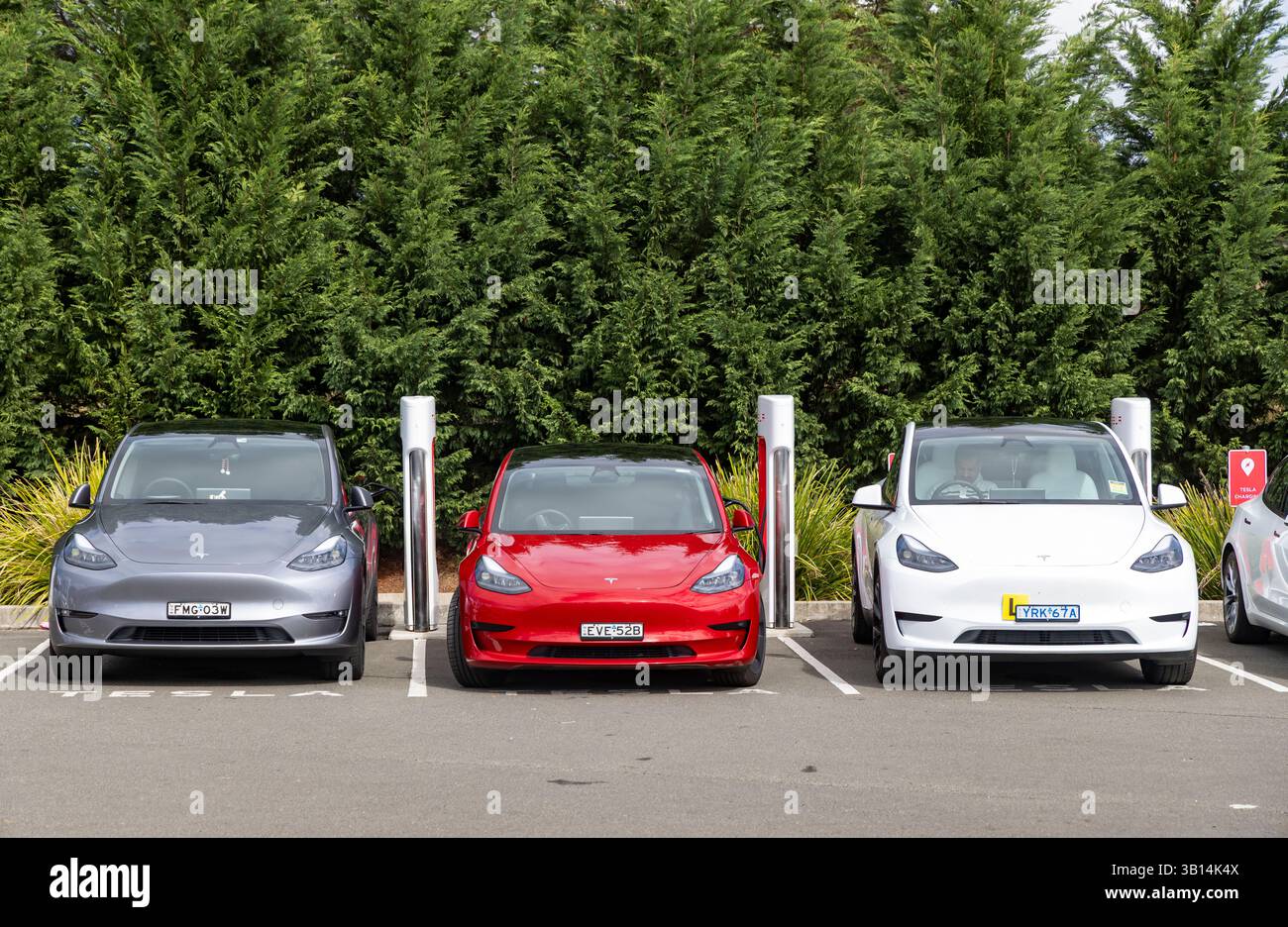 Tesla Cars at Tesla supercharger site in Exeter New South Wales, 250KW ...