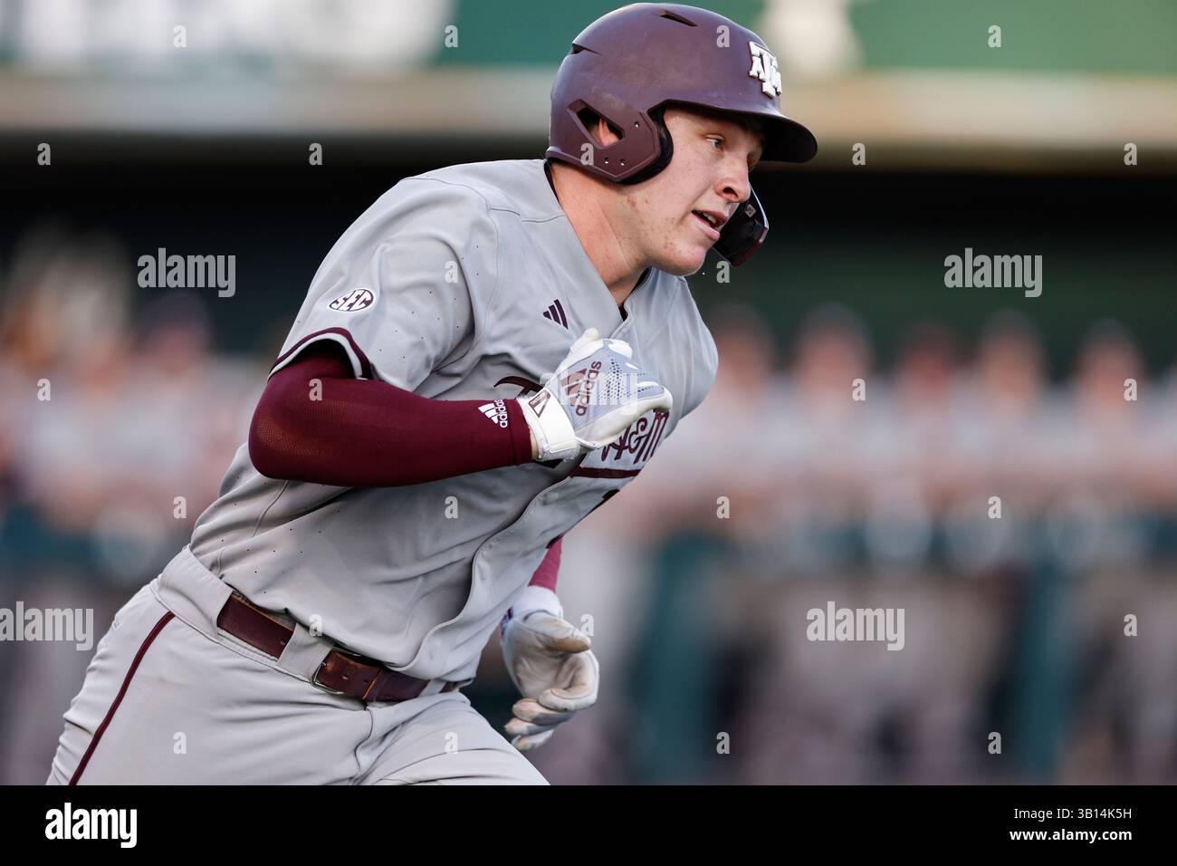 Texas A&M Aggies catcher Bear Harrison (16) hustles to first base ...
