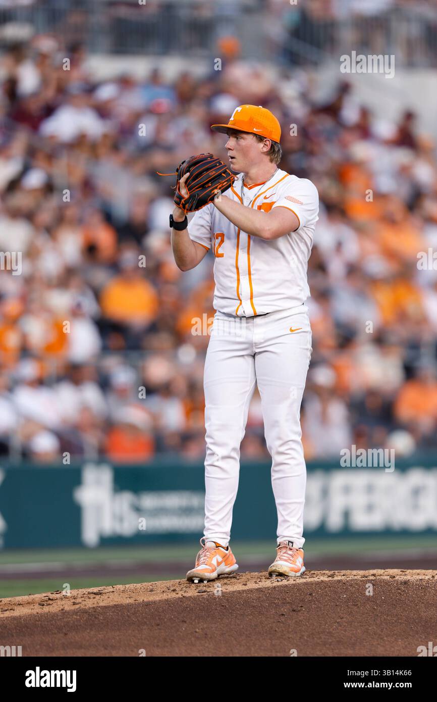 Tennessee Volunteers starting pitcher Liam Doyle (12) looks at his ...