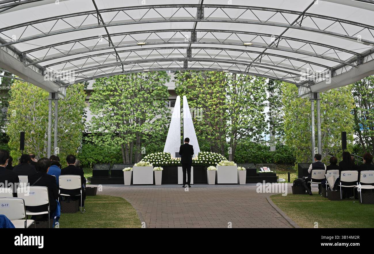 On April 25, 2025, Kazuaki HASEGAWA, President of the Japan Railways West (C), delivers an ...