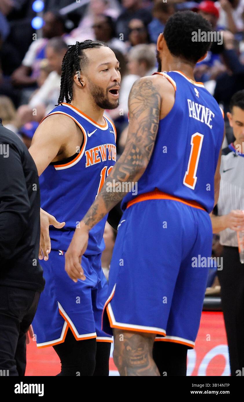 New York Knicks guard Jalen Brunson, left, celebrates with guard ...