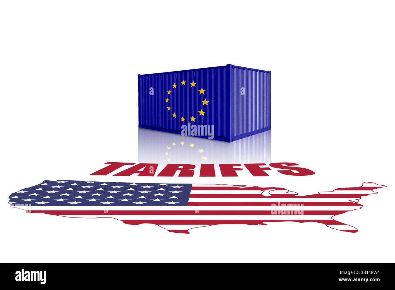 Trade containers with EU flag on a USA map. Trade, duty, customs and ...