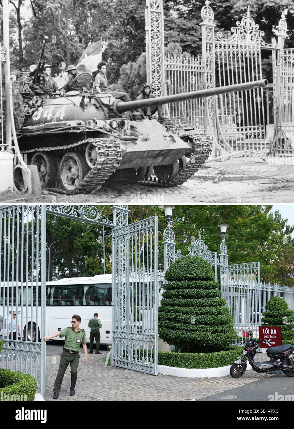 This combination of photos shows a Provisional Revolutionary Government (PRG) tank entering the ...