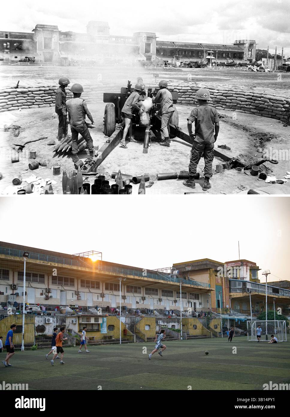 This combination of photos shows Vietnamese artillerymen prepare to ...