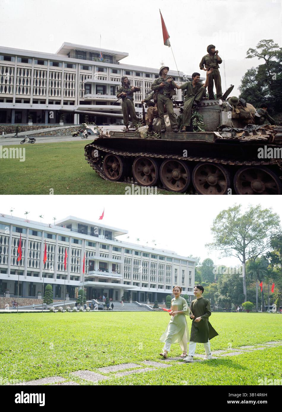 This combination of photos shows victorious North Vietnamese troops ...