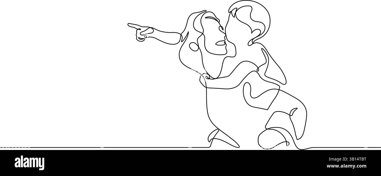 happy mother piggyback son pointing posing one line continuous drawing ...