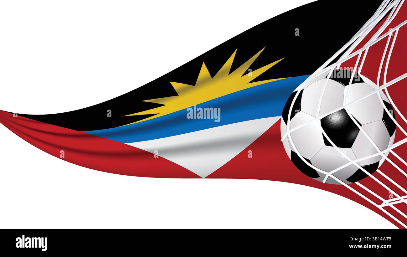 Soccer football ball in goal net with Antigua and Barbuda wavy flag ...