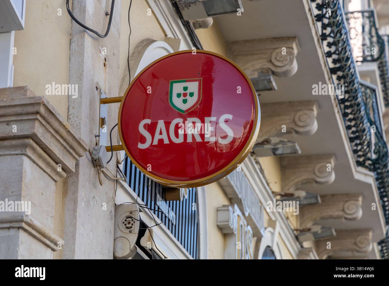 Lisbon, Portugal. 26 February 2025. Sagres beer logo sign mounted ...