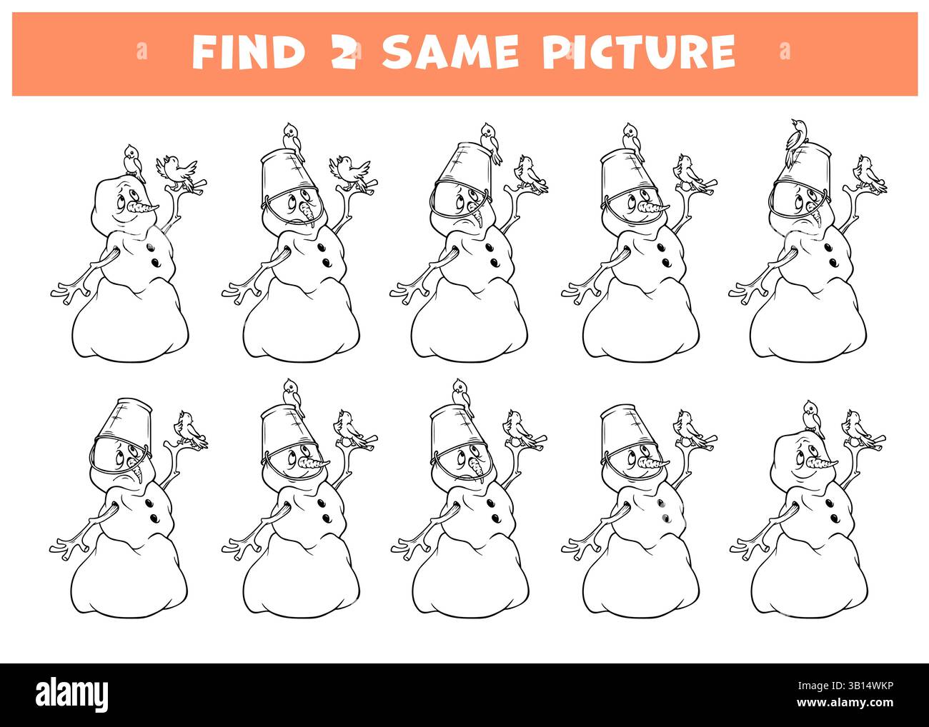 Black and white find two same melting snowman. Line matching activity ...