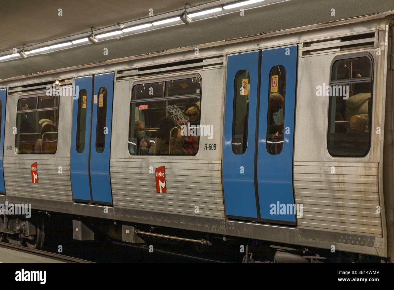 Lisbon, Portugal. 26 February 2025. Metro in Lisbon. The blue line. At ...
