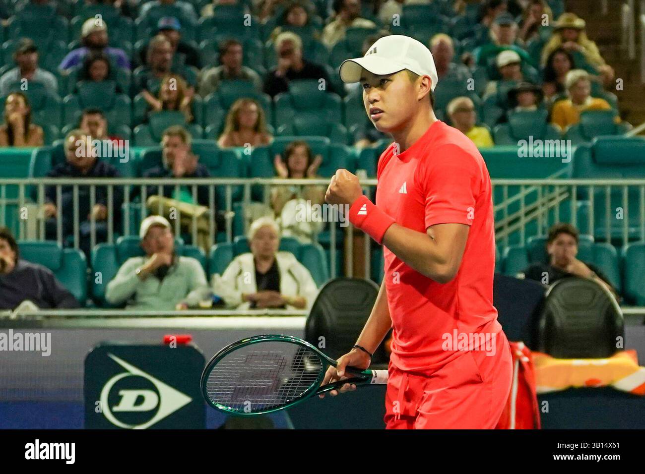 Miami, Florida, USA. 20th Mar, 2025. Learner Tien (USA) reacts after a ...