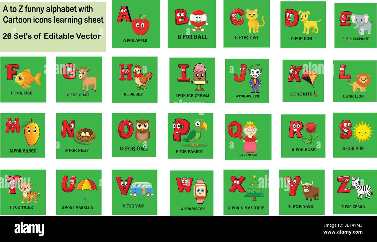 Funny Alphabet Cartoon Sheet A to Z | Kids Learning Vector Graphics ...
