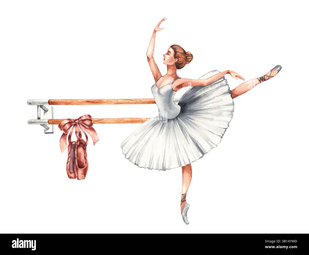 Watercolor ballerinas at the ballet barre with pointe shoes. Ballerinas ...