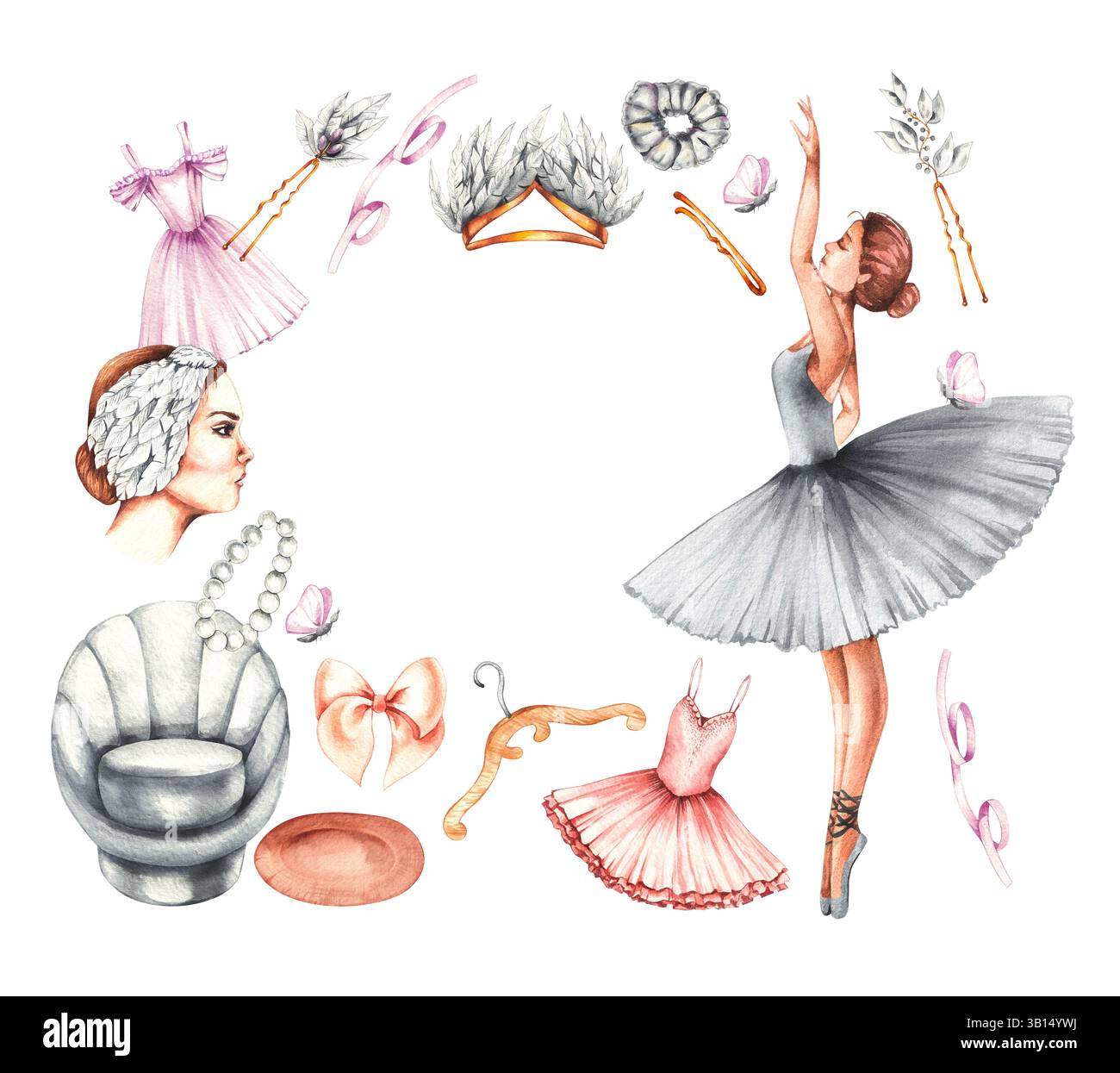 Watercolor ballet frame with ballerinas and accessories. Ballerinas ...