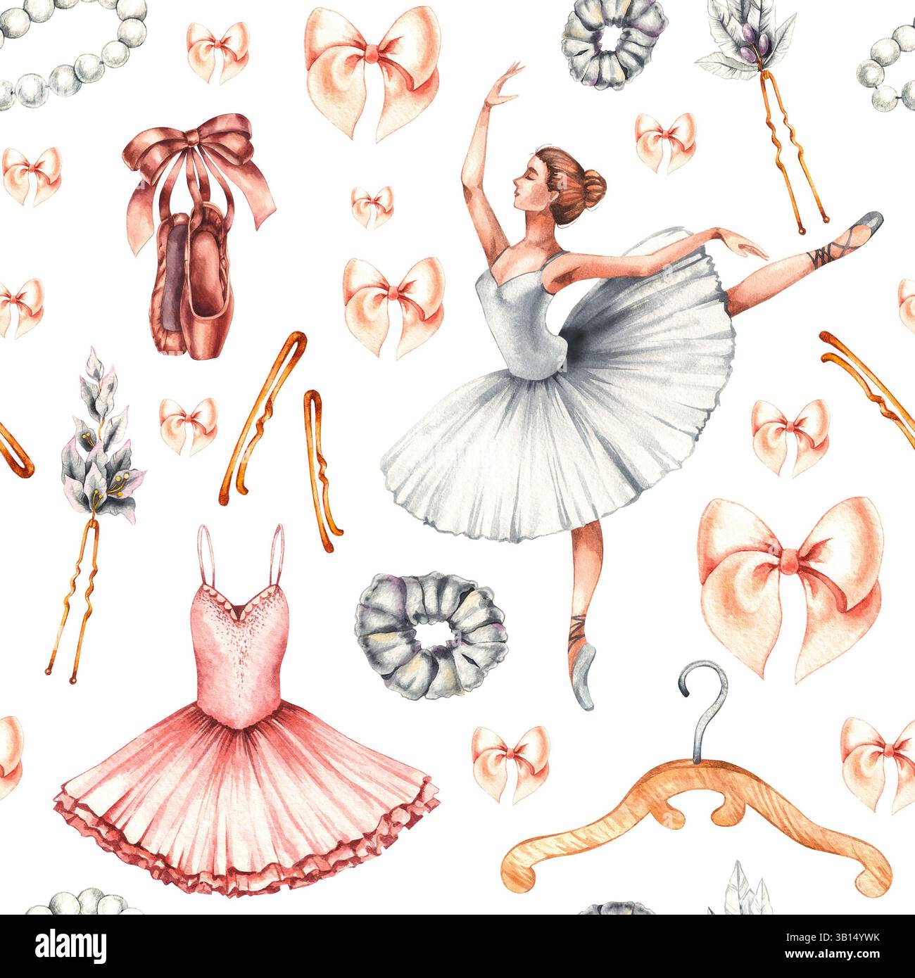Watercolor ballet seamless pattern with ballerinas and accessories ...