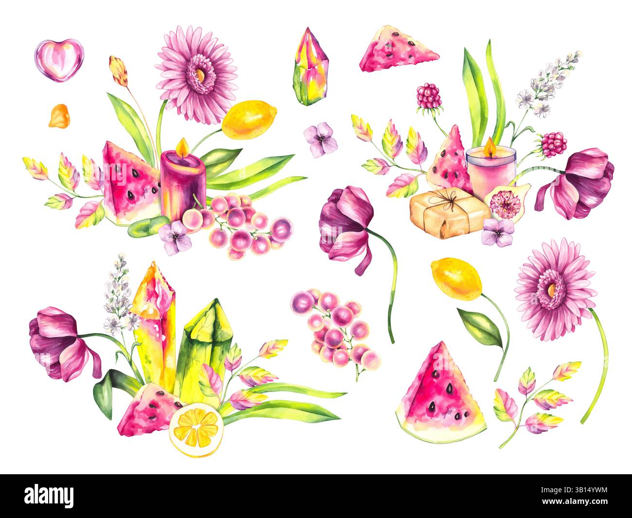 Bohemian magical illustrations set with flowers, candles and crystals ...