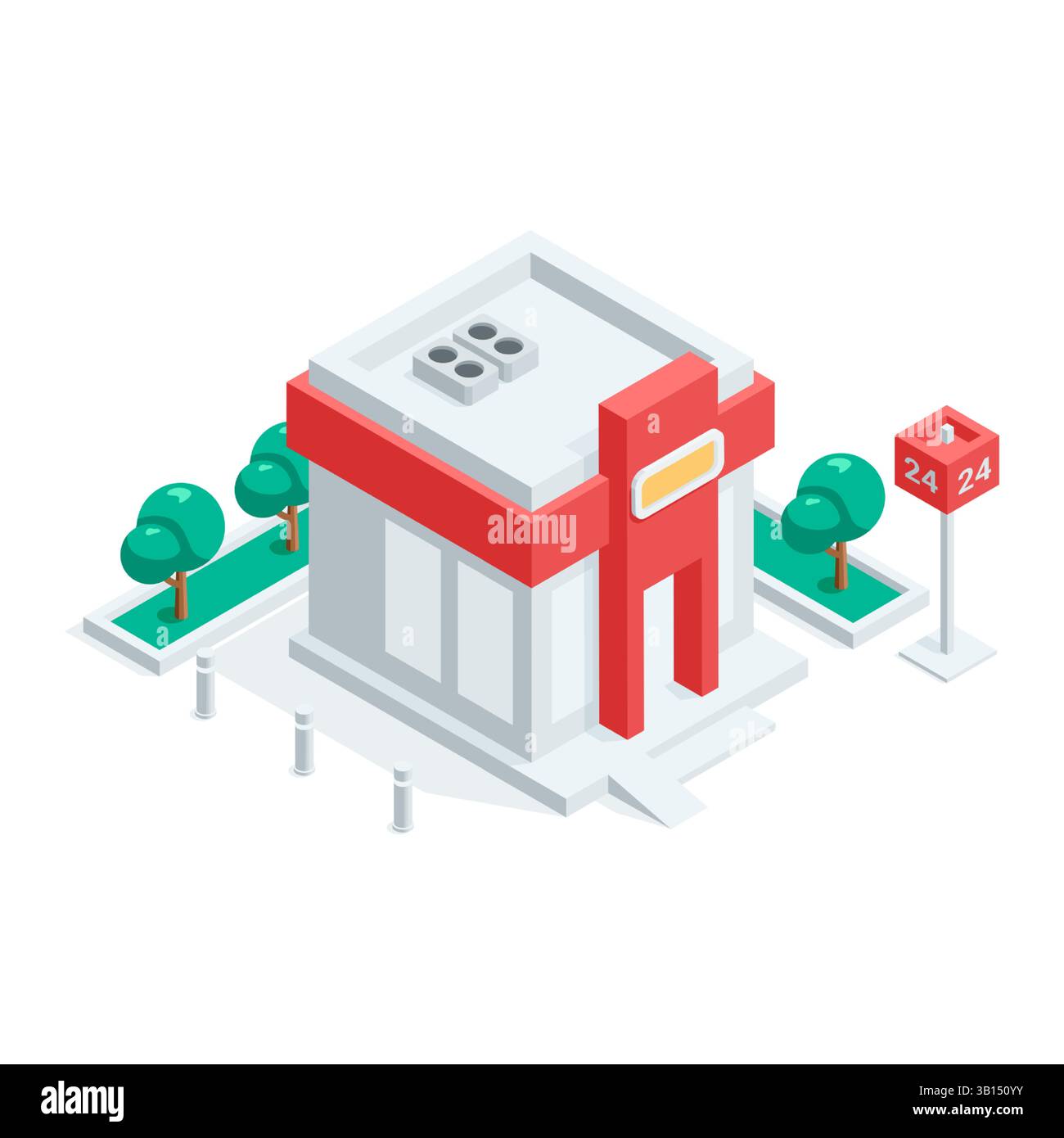 isometric vector shopping mall facade, in color on white background ...