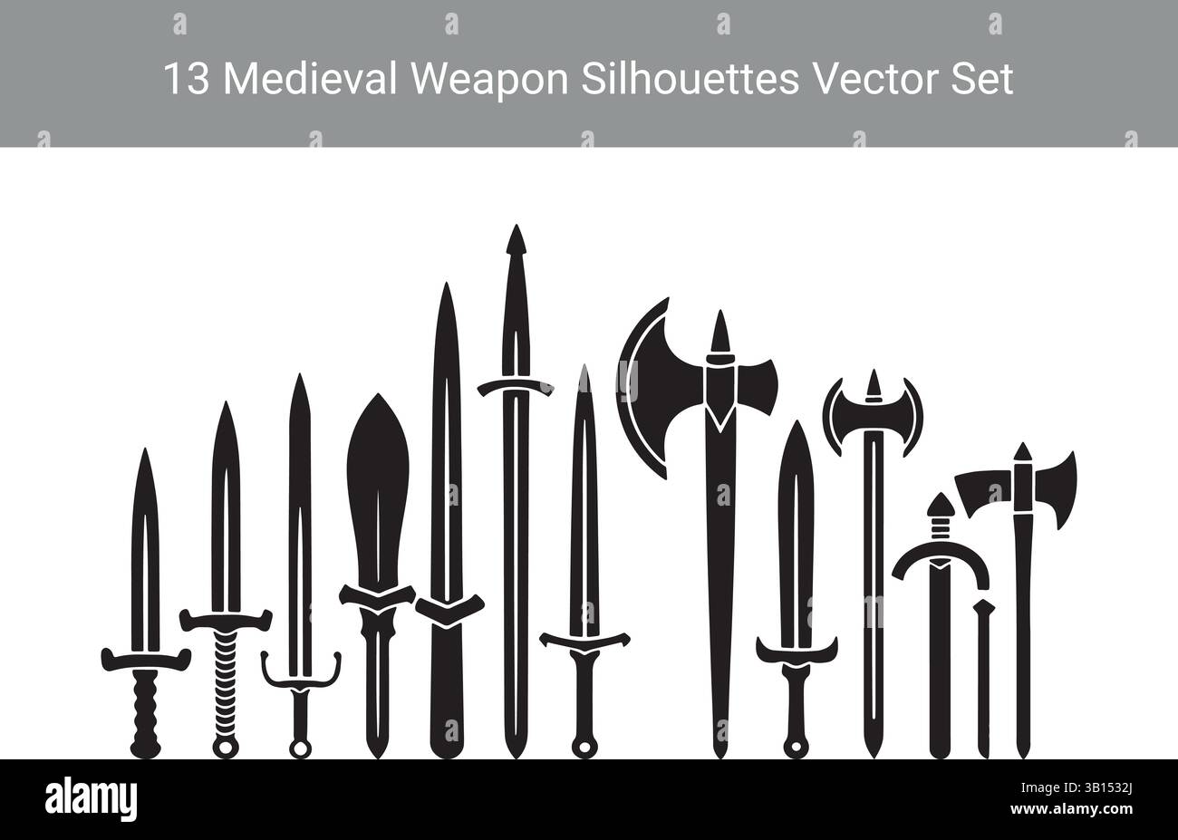 Medieval Weapon Silhouettes Vector Set or Black Icons of Swords, Axes ...