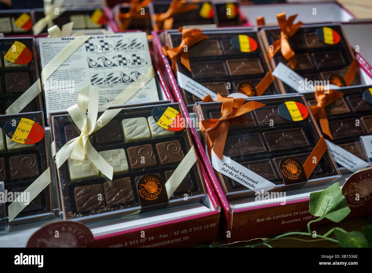 Brussels, Belgium. March 20, 2025 - Assorted Belgian chocolates on ...