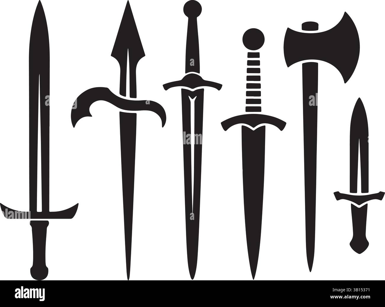 Medieval Weapon Silhouettes Vector Set or Black Icons of Swords, Axes ...
