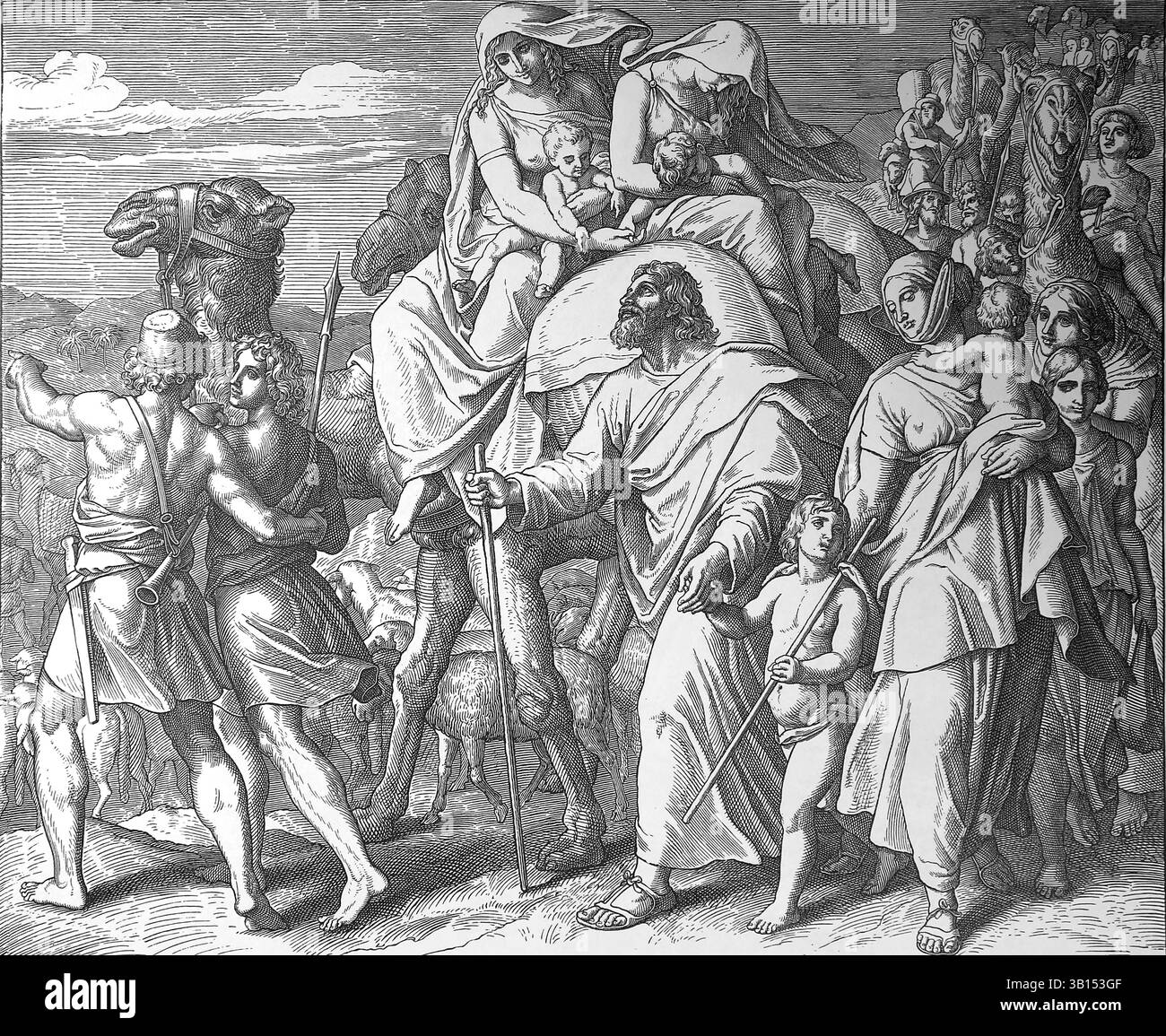Bible. Jacob fight from Laban. Illustration by J. Schnorr von ...