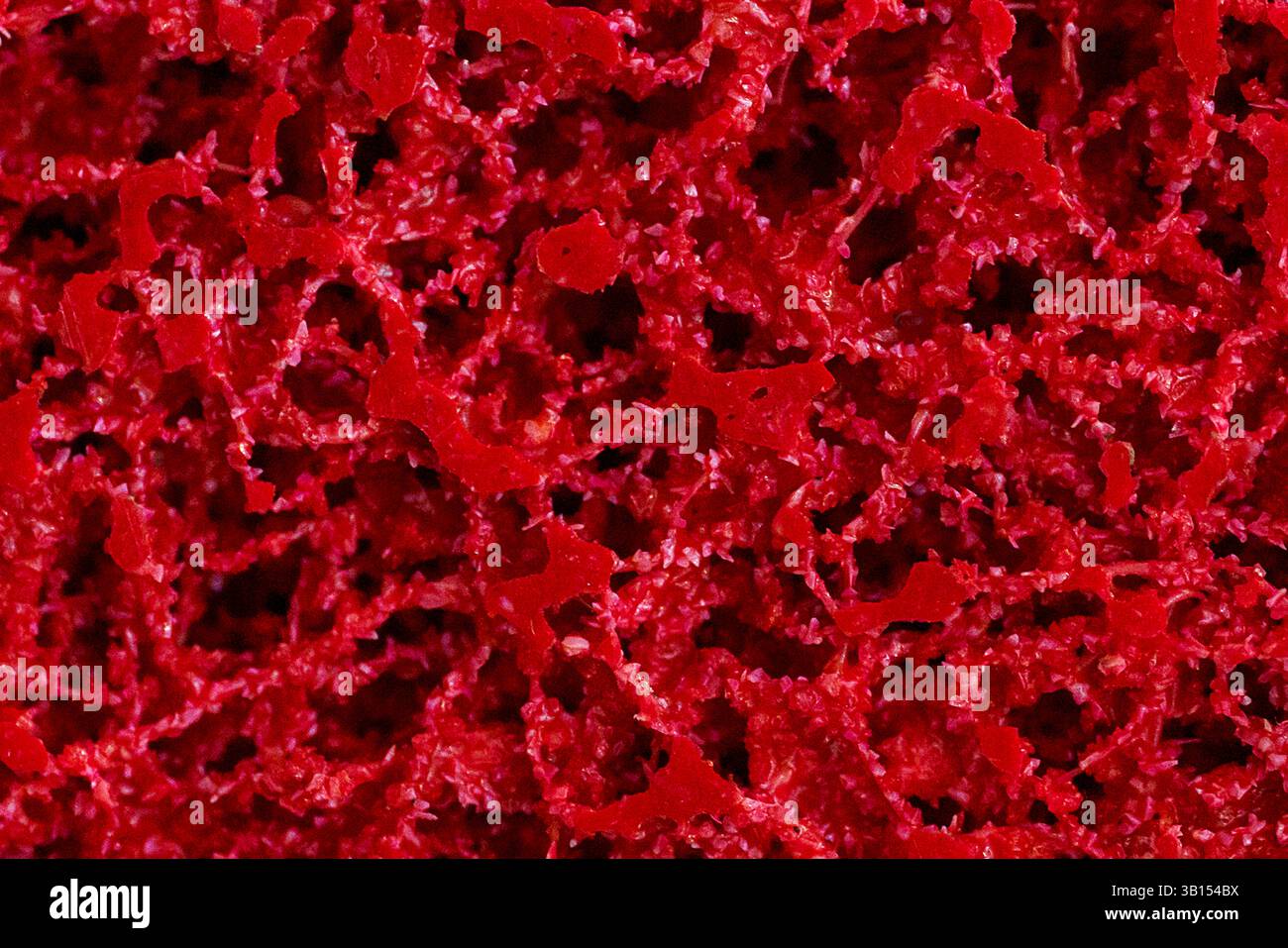 a orous structural surface close-up, red background, grinding wheel ...