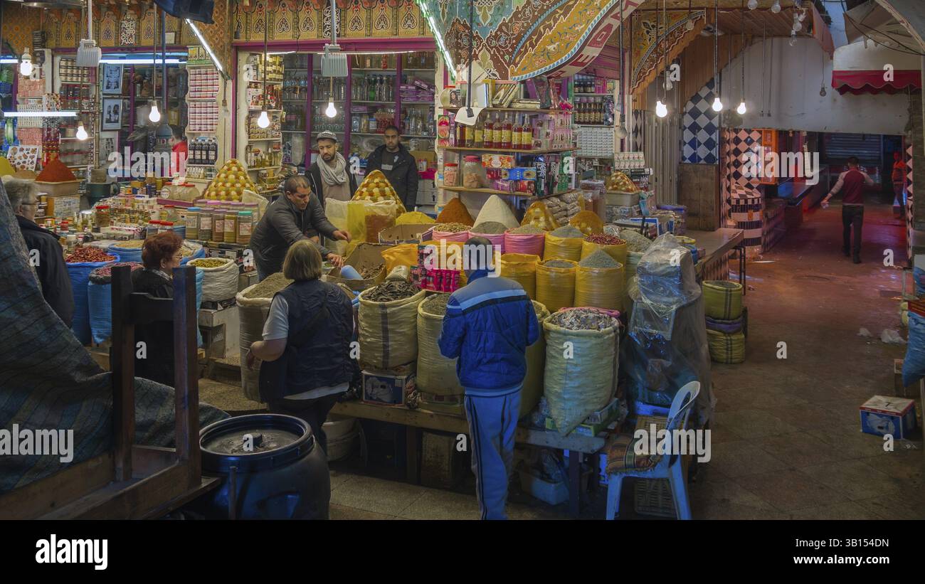 Market stall with dried spices and herbs in the covered souk in the ...