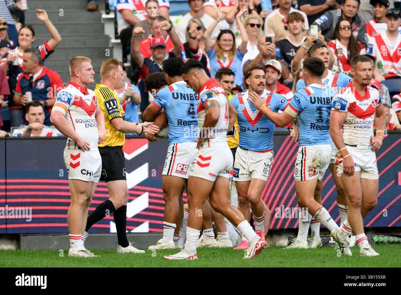 Mark Nawaqanitawase of the Roosters celebrates a try during the NRL ...