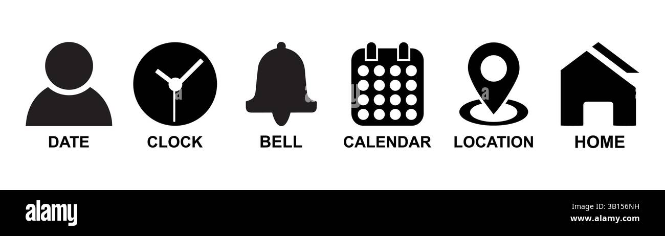 Date, time, location address, notification icon. Clock, calendar, location pin, home, bell icon ...