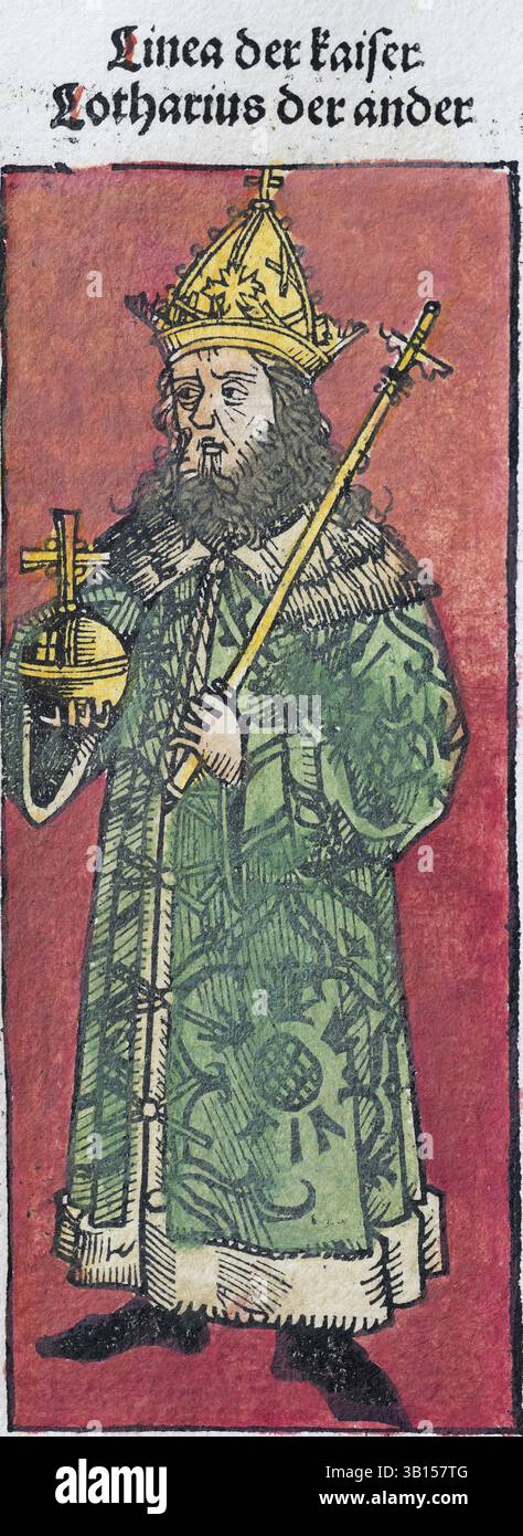 Emperor Lothar, old coloured woodcut from: Schedel'sche Weltchronik ...