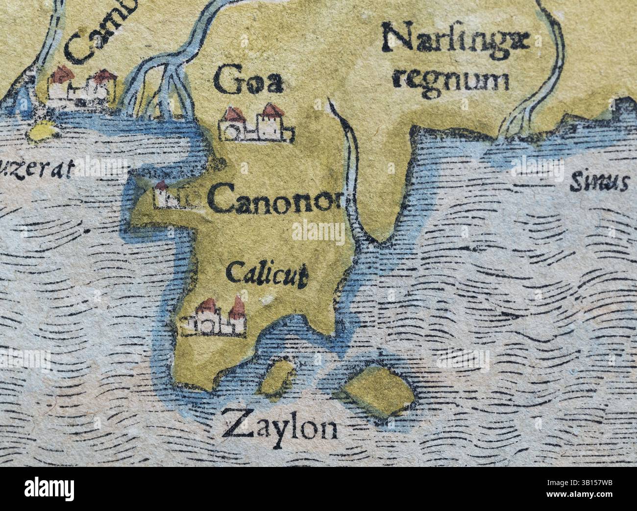 India, Goa, Calicut, Sri Lanka, detail, hand-coloured woodcut map from ...