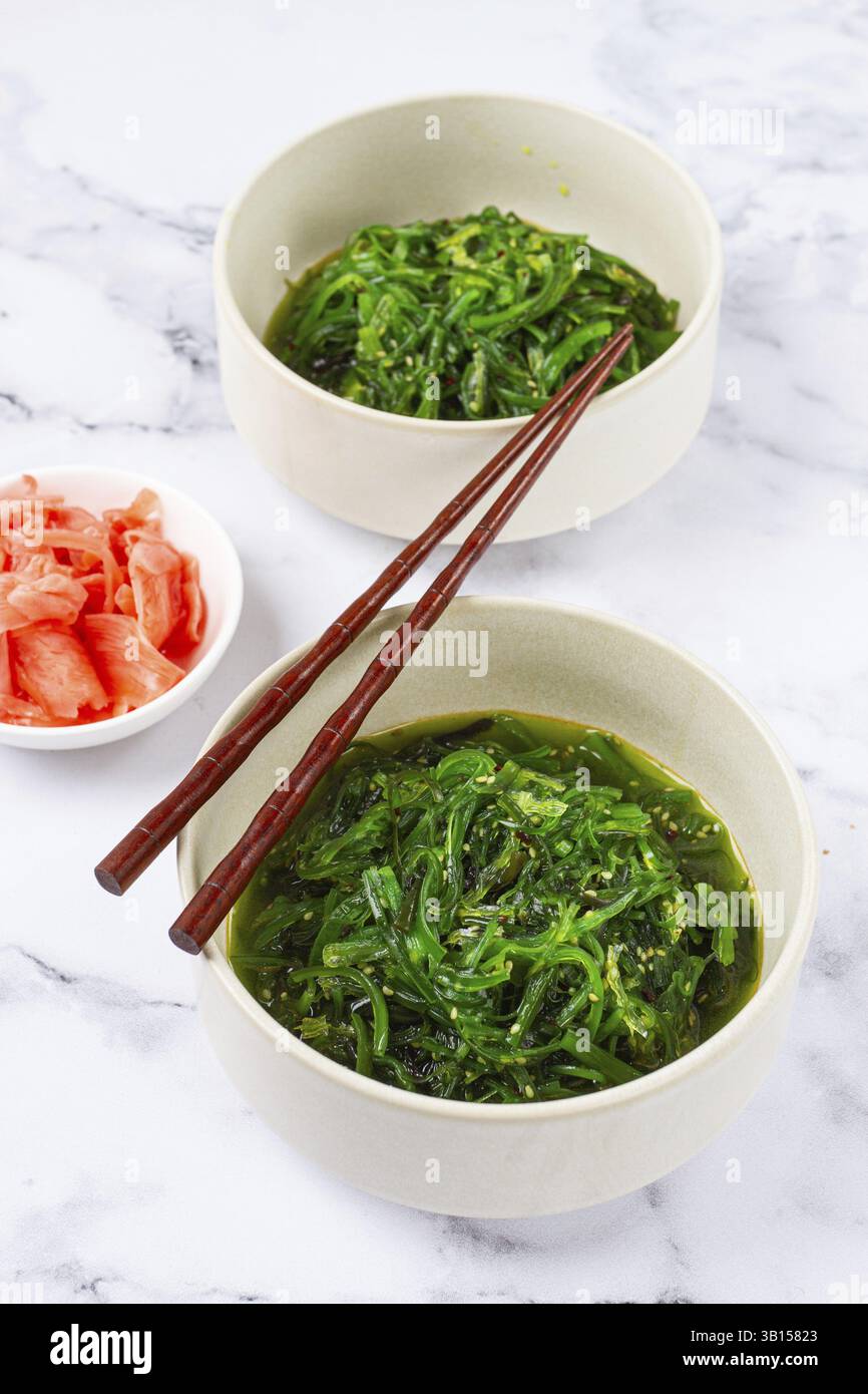 Chuka salad made from fresh seaweed, with sesame dressing, two bowls ...