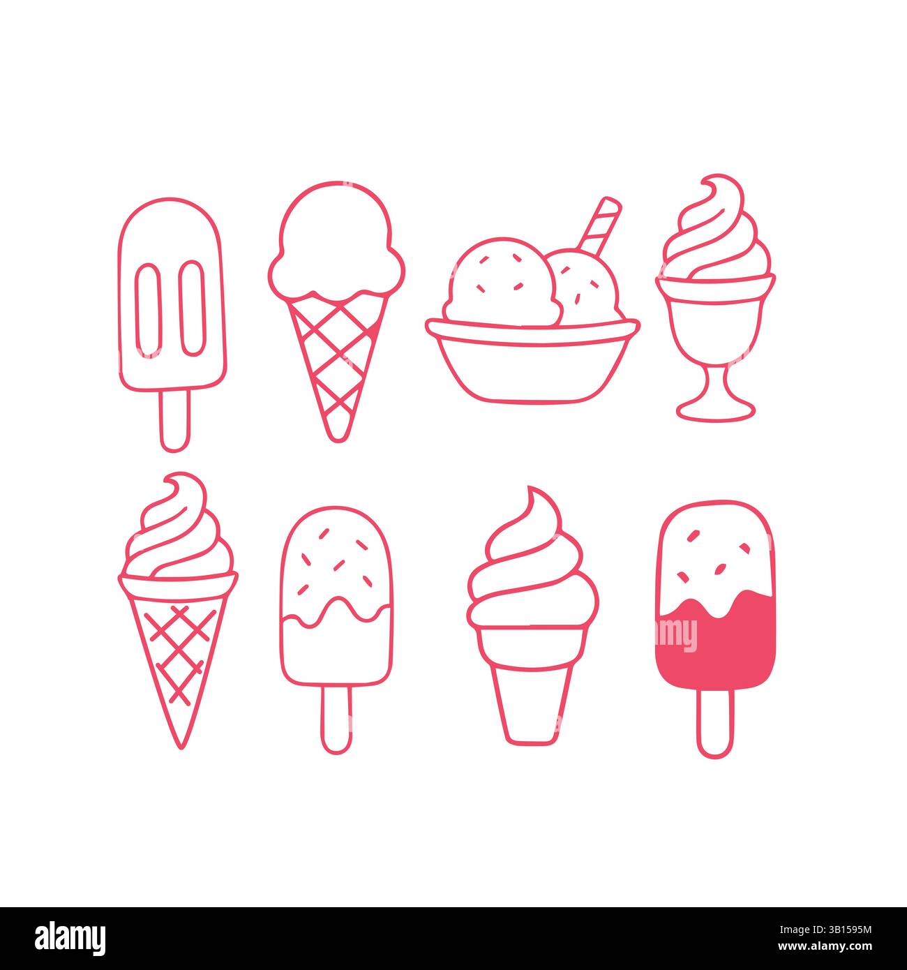 Flat line illustration of various ice cream types including cones ...