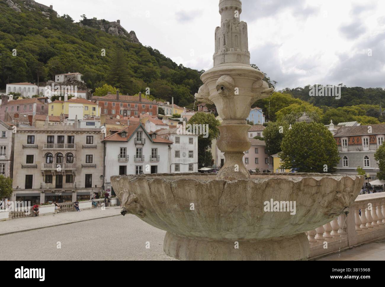 A historic fountain crowns the city center of Portugal's Sintra in ...
