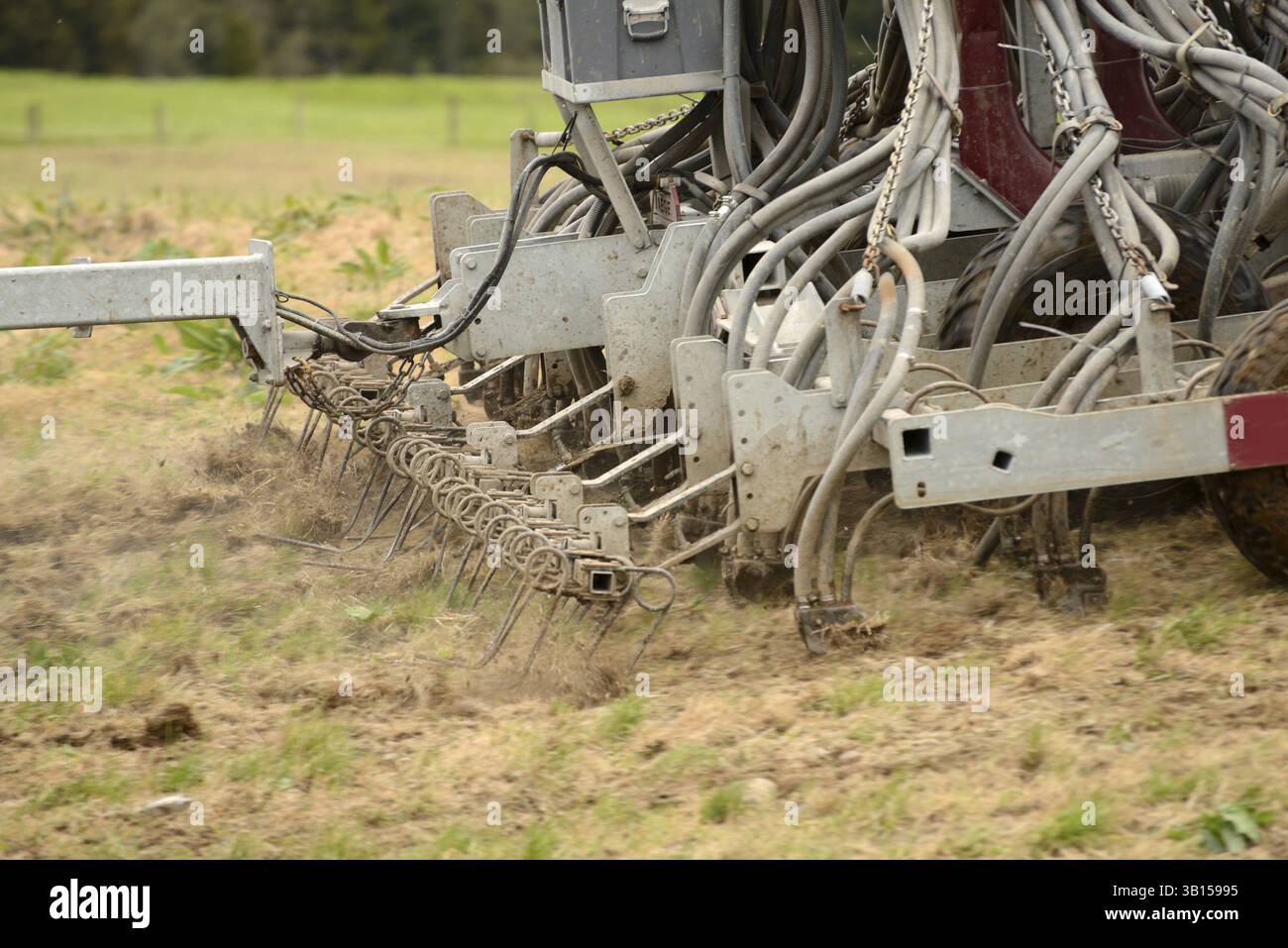 Detail of an air seeder used for sowing seed on old pasture, West Coast ...