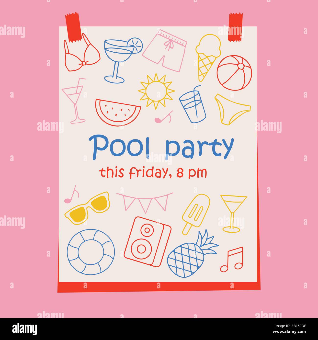 Colorful pool party poster with summer-themed illustrations like ...
