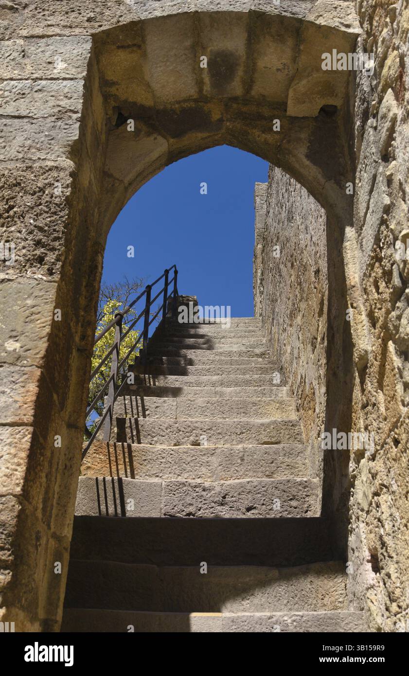 A staircase inside the medieval Sao Jorge Castle in the Portuguese ...