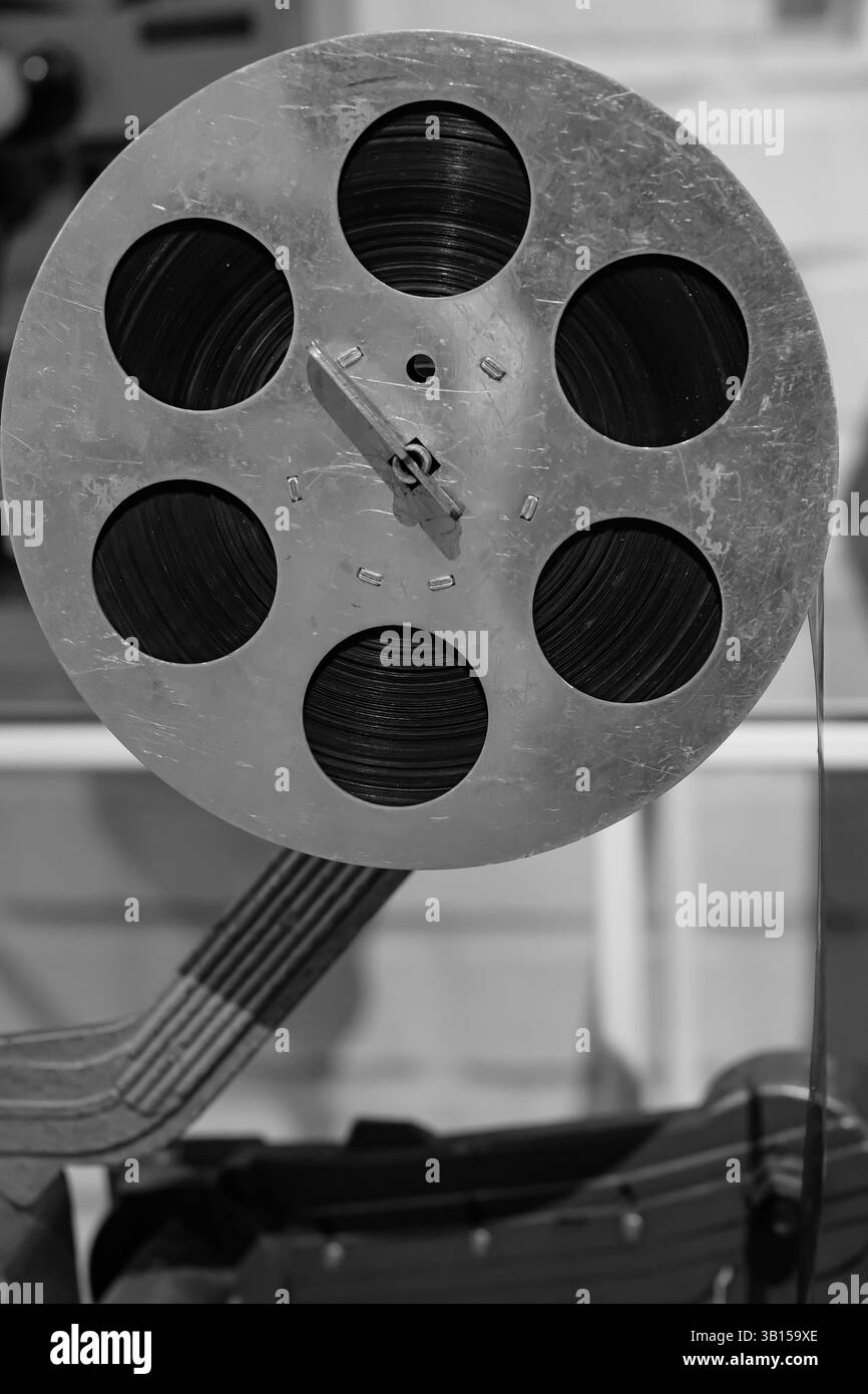 Old movie projector. Film projector. Video tape. Black and white Stock ...