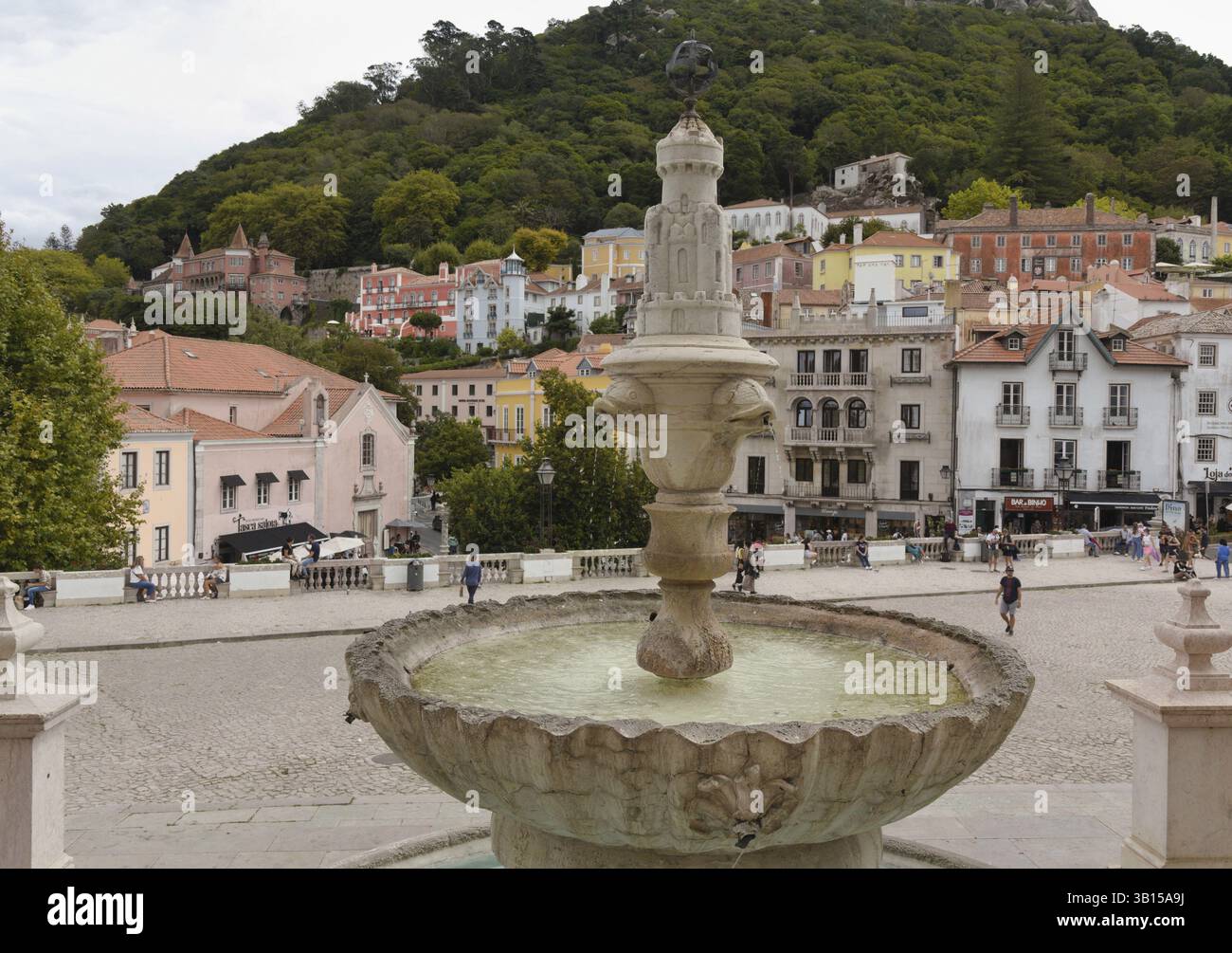 A historic fountain crowns the city center of Portugal's Sintra in ...