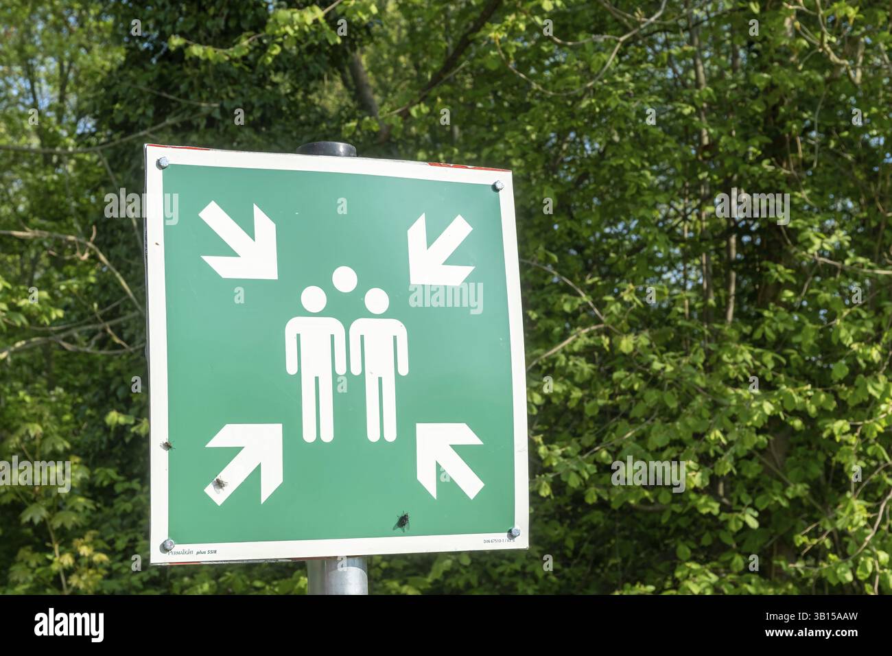 Borken, NRW, Germany, Green assembly point sign with white arrows and ...