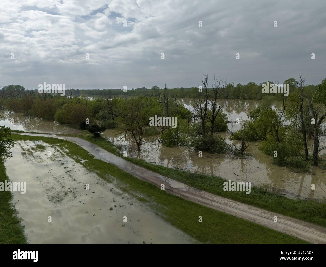 Aerial view capturing the flooded Po River in Emilia Romagna, Italy ...