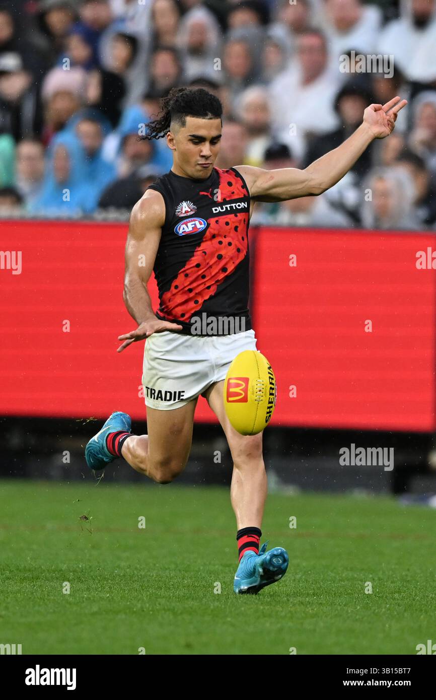 Isaac Kako of Essendon kicks the footy during the AFL Round 7 match ...