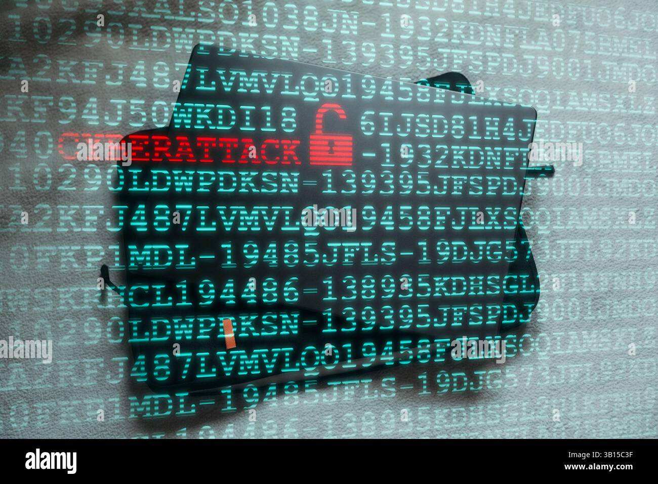 Desktop photo as background with colorful VR cyberattack interface ...