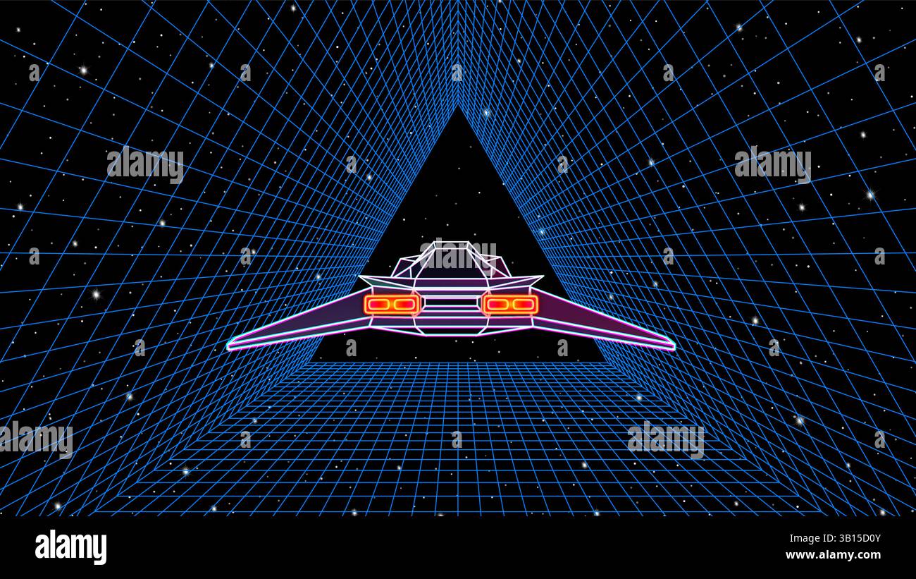 Arcade space ship flying through the triangular gate, 80s style ...