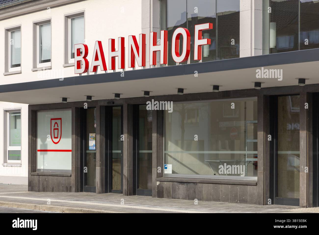 Emmerich , Germany. 19 February 2025. Bahnhof logo on the canopy of a ...