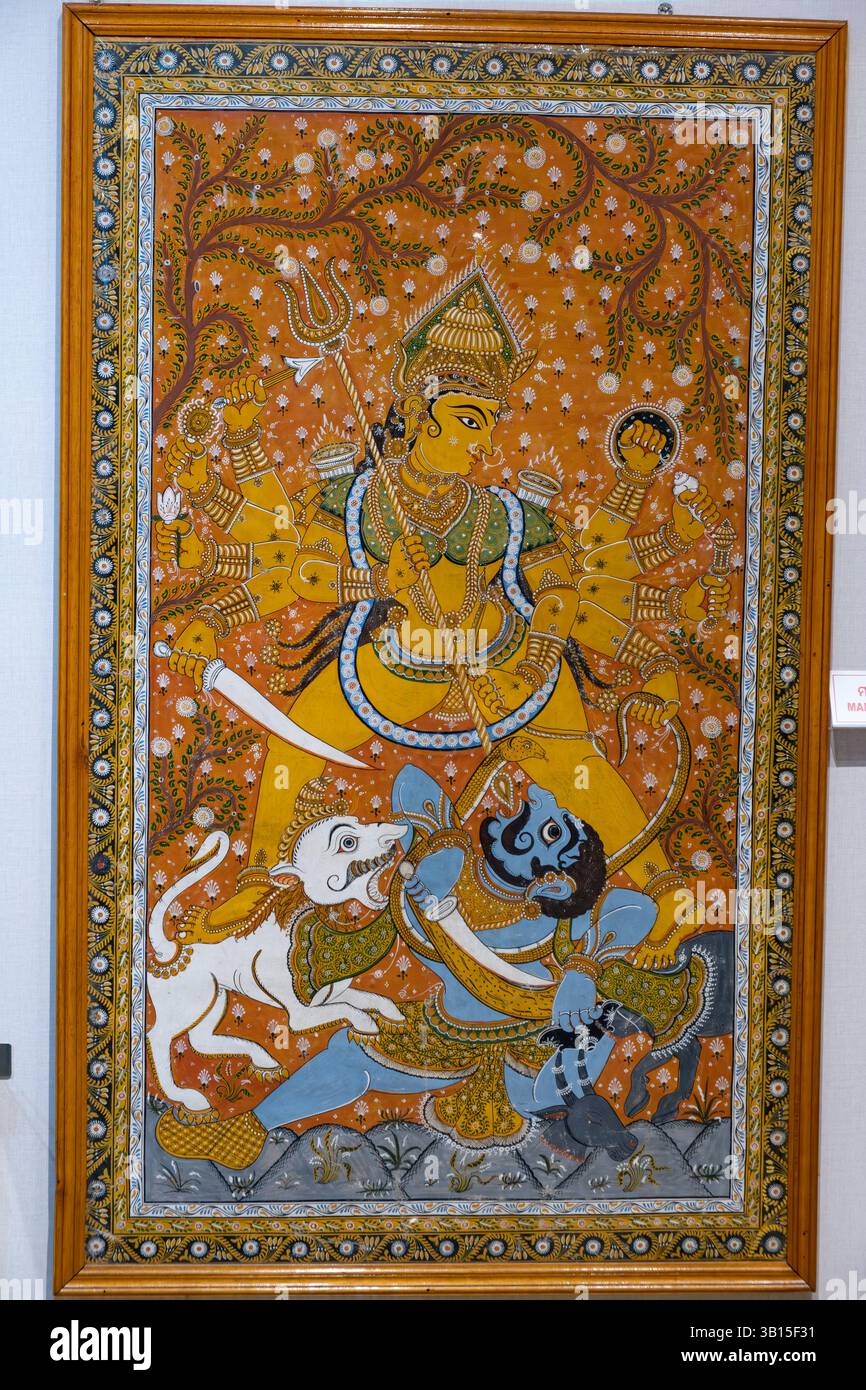 Mahisasuramardini in Pattachitra form. Durga slaying Mahisasura (lit ...