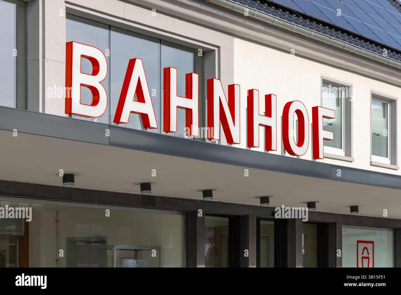 Emmerich , Germany. 19 February 2025. Bahnhof logo on the canopy of a ...