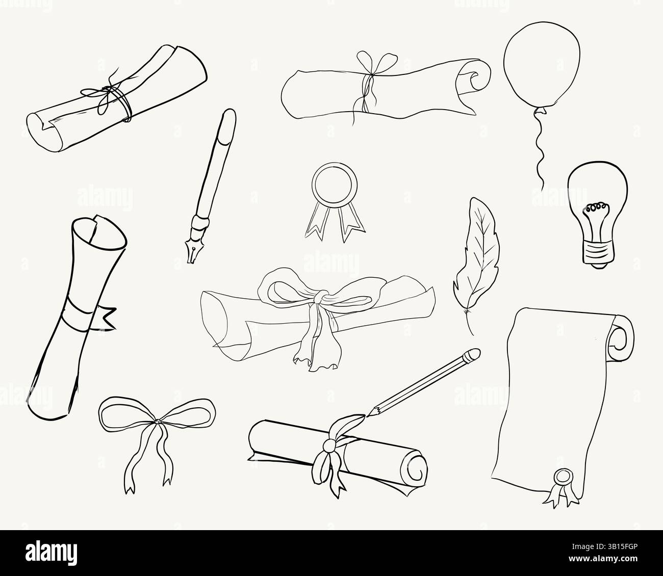 Graduation paper roll, diploma certificate doodle line. University ...