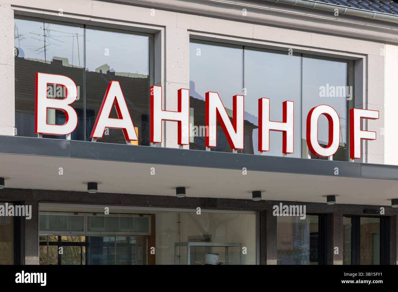 Emmerich , Germany. 19 February 2025. Bahnhof logo on the canopy of a ...