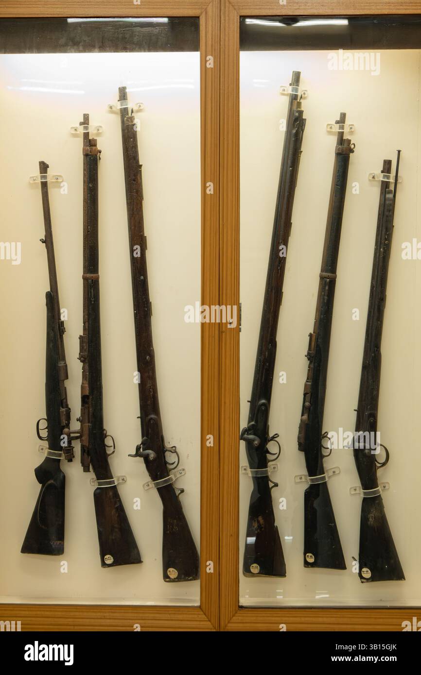 A few rifles that show a variety of guns such as flintlock; musket ...